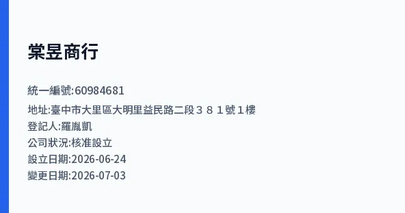 棠昱商行的照片-統編 60984681(臺中市) 公司登記資料與營業項目詳細圖表