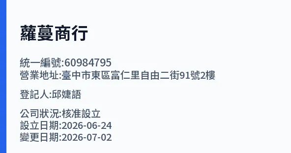 蘿蔓商行的照片-統編 60984795(臺中市) 公司登記資料與營業項目詳細圖表