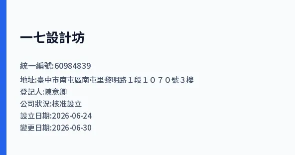 一七設計坊的照片-統編 60984839(臺中市) 公司登記資料與營業項目詳細圖表