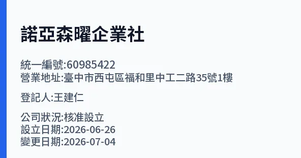 諾亞森曜企業社的照片-統編 60985422(臺中市) 公司登記資料與營業項目詳細圖表
