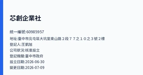 芯創企業社的照片-統編 60985957(臺中市) 公司登記資料與營業項目詳細圖表