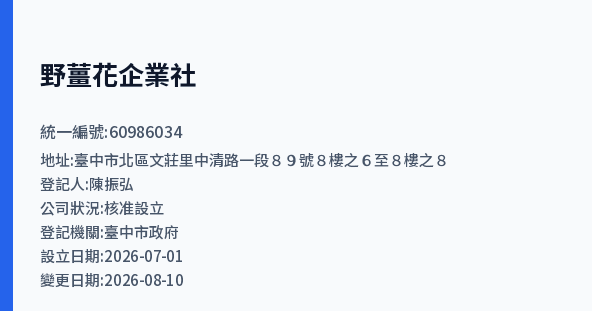 野薑花企業社的照片-統編 60986034(臺中市) 公司登記資料與營業項目詳細圖表