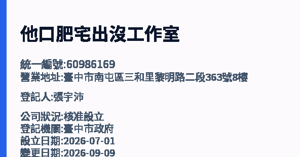 他口肥宅出沒工作室的照片-統編 60986169 公司登記資料與營業項目詳細圖表