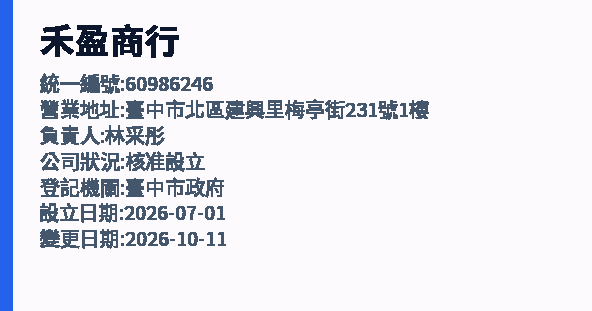 禾盈商行的照片-統編 60986246(臺中市) 公司登記資料與營業項目詳細圖表