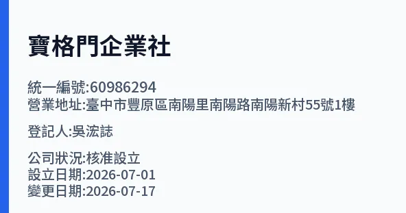 寶格門企業社的照片-統編 60986294(臺中市) 公司登記資料與營業項目詳細圖表