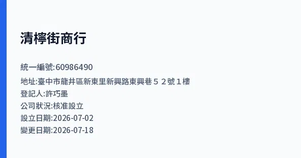 清檸街商行的照片-統編 60986490(臺中市) 公司登記資料與營業項目詳細圖表