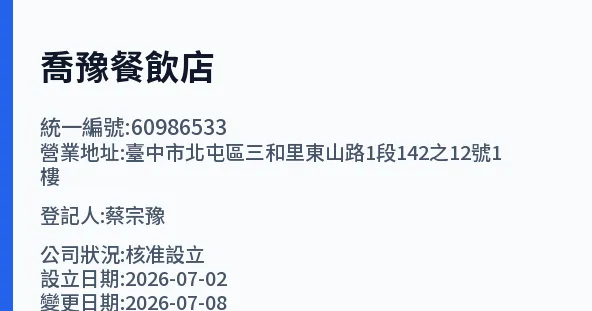 喬豫餐飲店的照片-統編 60986533(臺中市) 公司登記資料與營業項目詳細圖表