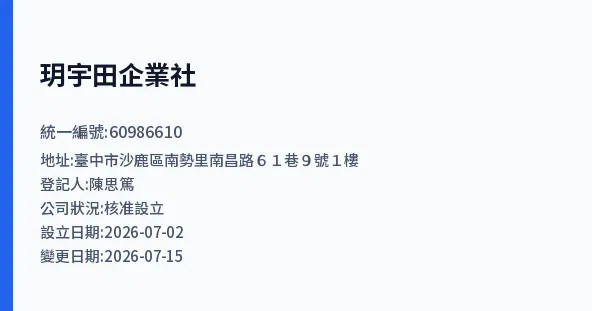 玥宇田企業社的照片-統編 60986610(臺中市) 公司登記資料與營業項目詳細圖表
