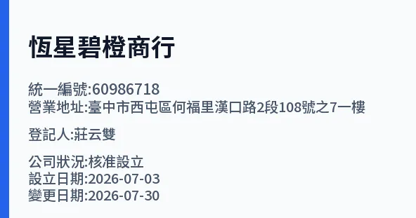 恆星碧橙商行的照片-統編 60986718(臺中市) 公司登記資料與營業項目詳細圖表