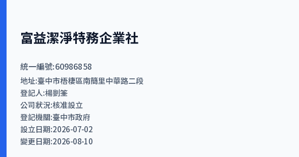 富益潔淨特務企業社的照片-統編 60986858(臺中市) 公司登記資料與營業項目詳細圖表
