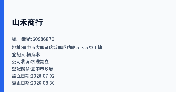 山禾商行的照片-統編 60986870(臺中市) 公司登記資料與營業項目詳細圖表