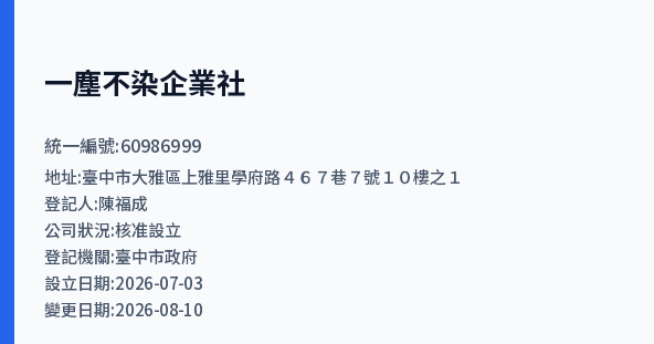 一塵不染企業社的照片-統編 60986999(臺中市) 公司登記資料與營業項目詳細圖表