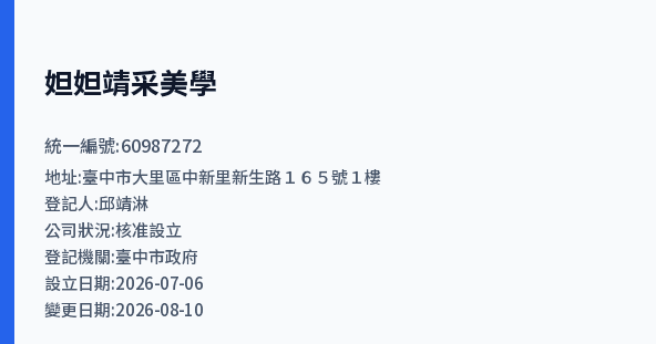 妲妲靖采美學的照片-統編 60987272(臺中市) 公司登記資料與營業項目詳細圖表
