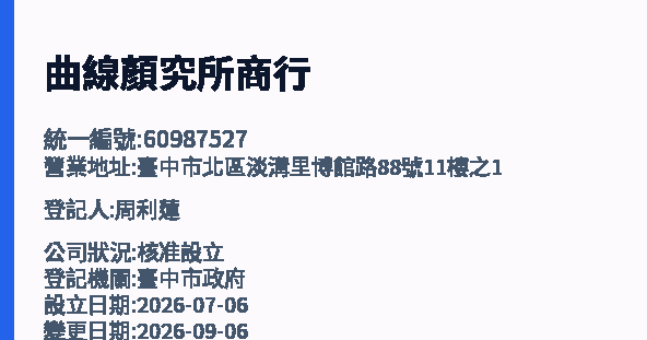 曲線顏究所商行的照片-統編 60987527(臺中市) 公司登記資料與營業項目詳細圖表