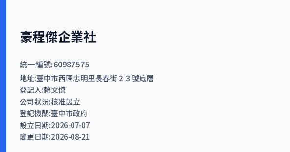 豪程傑企業社的照片-統編 60987575 公司登記資料與營業項目詳細圖表