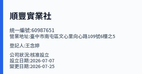 順豐實業社的照片-統編 60987651(臺中市) 公司登記資料與營業項目詳細圖表