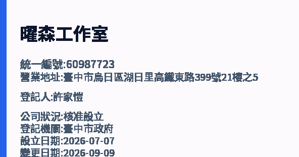 曜森工作室的照片-統編 60987723(臺中市) 公司登記資料與營業項目詳細圖表