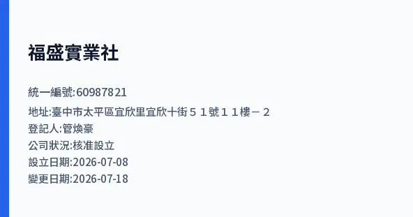 福盛實業社的照片-統編 60987821(臺中市) 公司登記資料與營業項目詳細圖表
