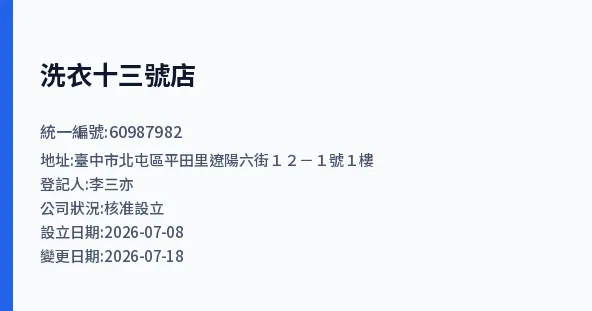 洗衣十三號店的照片-統編 60987982(臺中市) 公司登記資料與營業項目詳細圖表