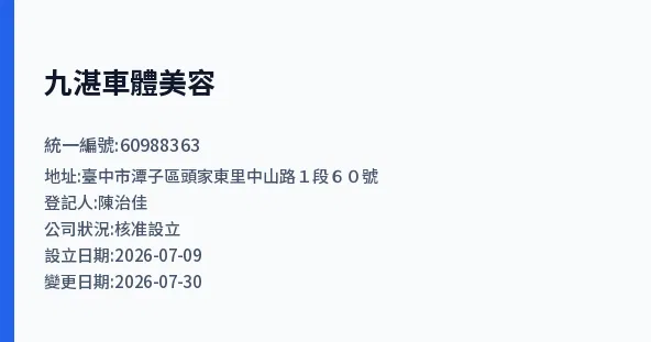 九湛車體美容的照片-統編 60988363(臺中市) 公司登記資料與營業項目詳細圖表