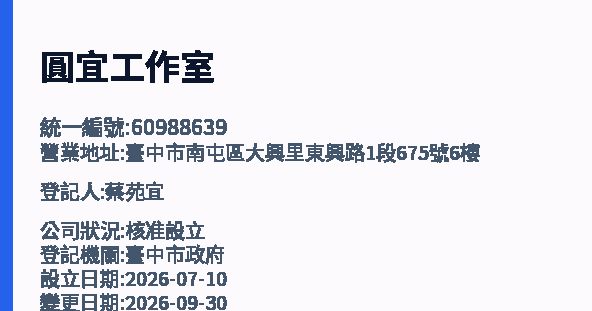 圓宜工作室的照片-統編 60988639(臺中市) 公司登記資料與營業項目詳細圖表