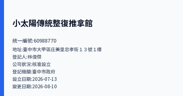 小太陽傳統整復推拿館的照片-統編 60988770(臺中市) 公司登記資料與營業項目詳細圖表