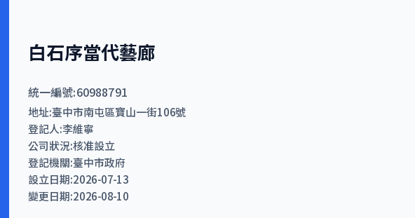 白石序當代藝廊的照片-統編 60988791(臺中市) 公司登記資料與營業項目詳細圖表