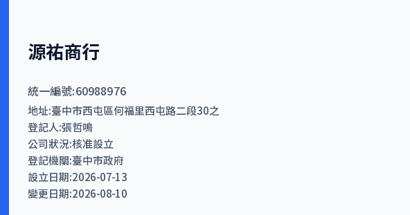 源祐商行的照片-統編 60988976(臺中市) 公司登記資料與營業項目詳細圖表