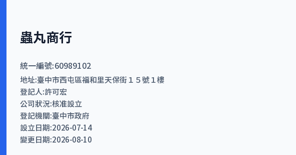 蟲丸商行的照片-統編 60989102(臺中市) 公司登記資料與營業項目詳細圖表