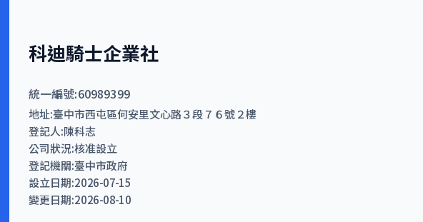 科迪騎士企業社的照片-統編 60989399(臺中市) 公司登記資料與營業項目詳細圖表