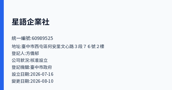 星語企業社的照片-統編 60989525(臺中市) 公司登記資料與營業項目詳細圖表