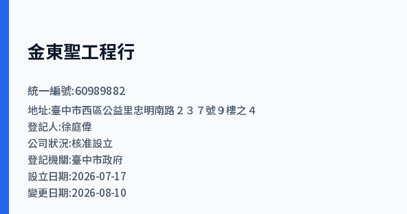 金東聖工程行的照片-統編 60989882(臺中市) 公司登記資料與營業項目詳細圖表
