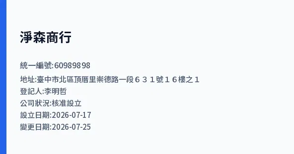 淨森商行的照片-統編 60989898(臺中市) 公司登記資料與營業項目詳細圖表