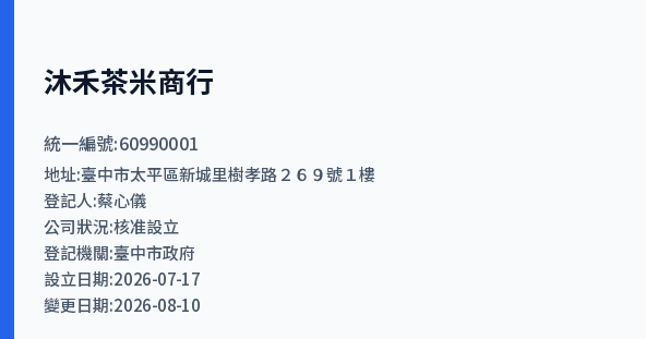 沐禾茶米商行的照片-統編 60990001(臺中市) 公司登記資料與營業項目詳細圖表