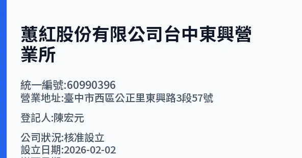 蕙紅股份有限公司台中東興營業所的照片-統編 60990396(臺中市) 公司登記資料與營業項目詳細圖表