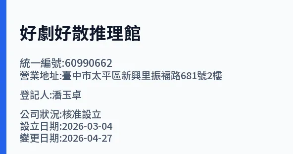好劇好散推理館的照片-統編 60990662(臺中市) 公司登記資料與營業項目詳細圖表