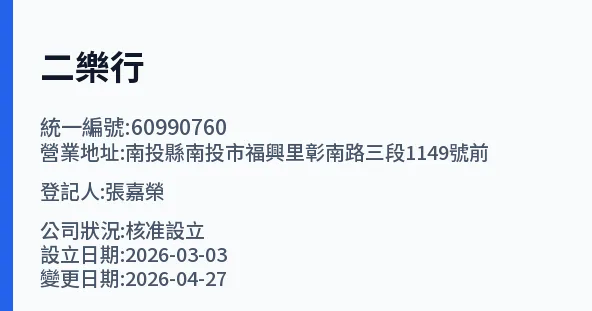 二樂行的照片-統編 60990760(南投縣) 公司登記資料與營業項目詳細圖表