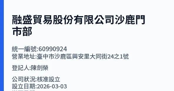 融盛貿易股份有限公司沙鹿門市部的照片-統編 60990924(臺中市) 公司登記資料與營業項目詳細圖表