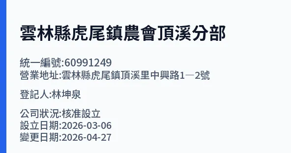 雲林縣虎尾鎮農會頂溪分部的照片-統編 60991249(雲林縣) 公司登記資料與營業項目詳細圖表