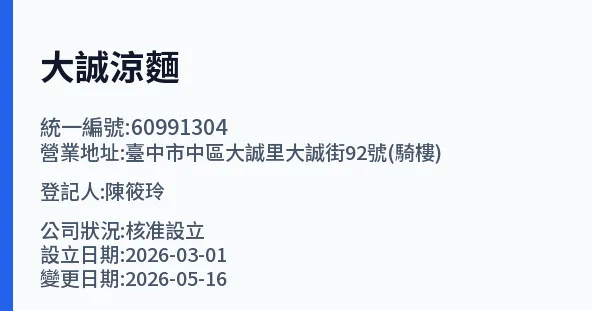 大誠涼麵的照片-統編 60991304(臺中市) 公司登記資料與營業項目詳細圖表