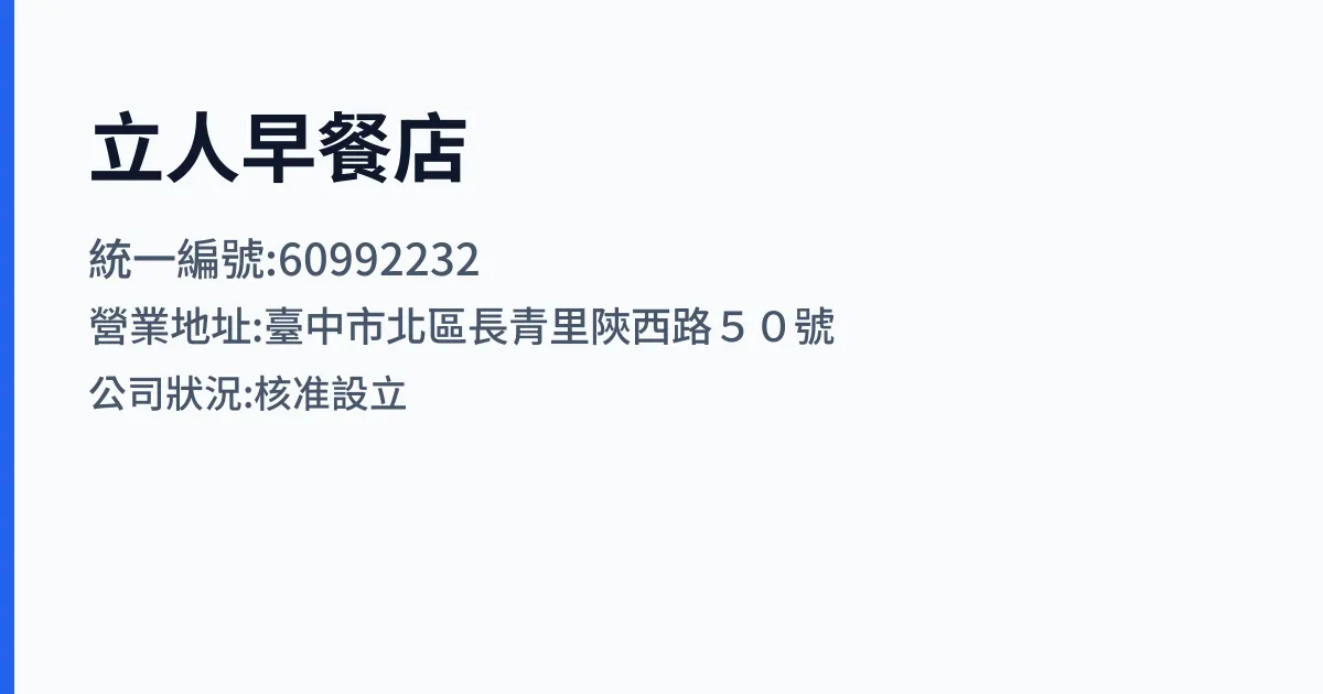 立人早餐店 - 統編 60992232(臺中市) 公司登記資料與營業項目詳細圖表