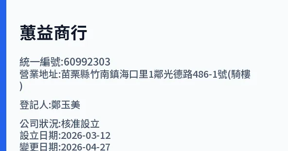 蕙益商行的照片-統編 60992303(苗栗縣) 公司登記資料與營業項目詳細圖表
