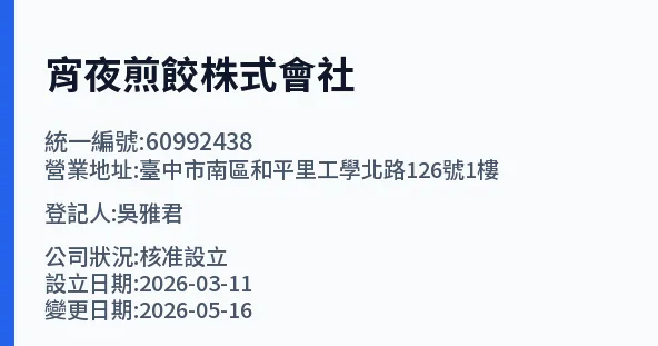 宵夜煎餃株式會社的照片-統編 60992438(臺中市) 公司登記資料與營業項目詳細圖表