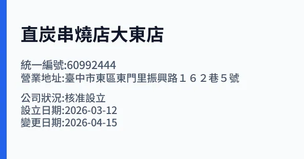 直炭串燒店大東店的照片-統編 60992444(臺中市) 公司登記資料與營業項目詳細圖表