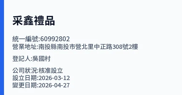 采鑫禮品的照片-統編 60992802(南投縣) 公司登記資料與營業項目詳細圖表
