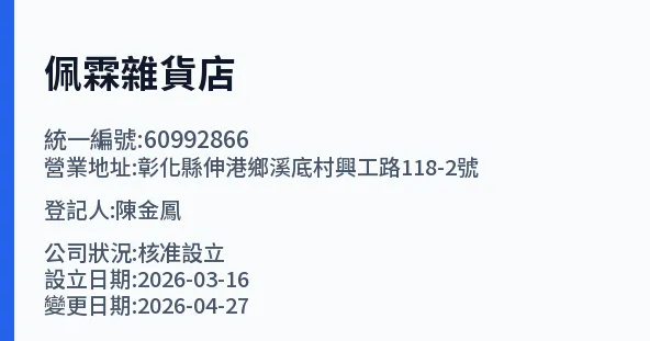 佩霖雜貨店的照片-統編 60992866(彰化縣) 公司登記資料與營業項目詳細圖表
