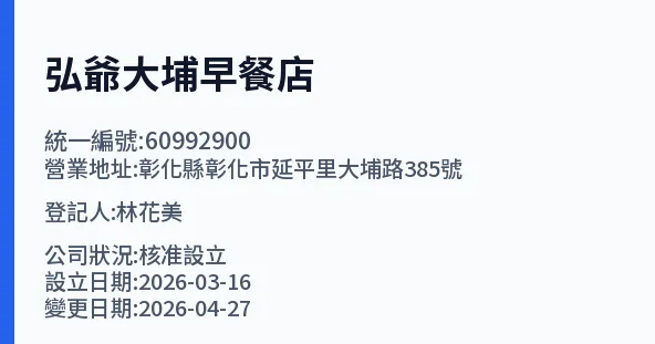 弘爺大埔早餐店的照片-統編 60992900(彰化縣) 公司登記資料與營業項目詳細圖表