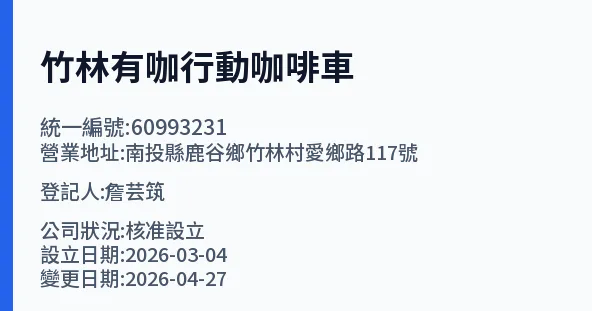 竹林有咖行動咖啡車的照片-統編 60993231(南投縣) 公司登記資料與營業項目詳細圖表