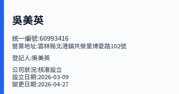 吳美英的照片-統編 60993416(雲林縣) 公司登記資料與營業項目詳細圖表