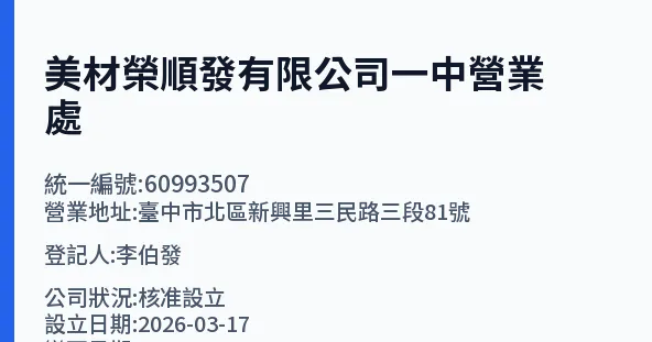 美材榮順發有限公司一中營業處的照片-統編 60993507(臺中市) 公司登記資料與營業項目詳細圖表